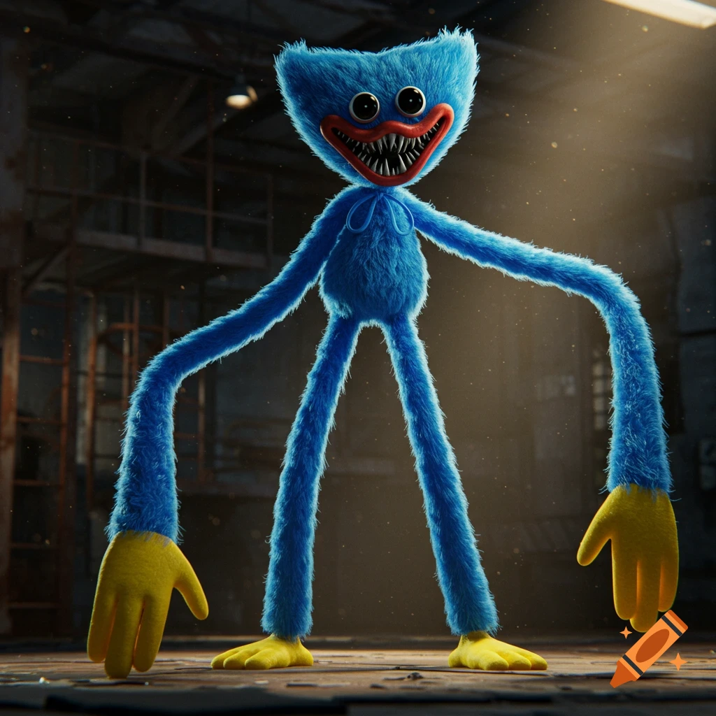 Huggy Wuggy from Poppy Playtime with long limbs and yellow hands and ...