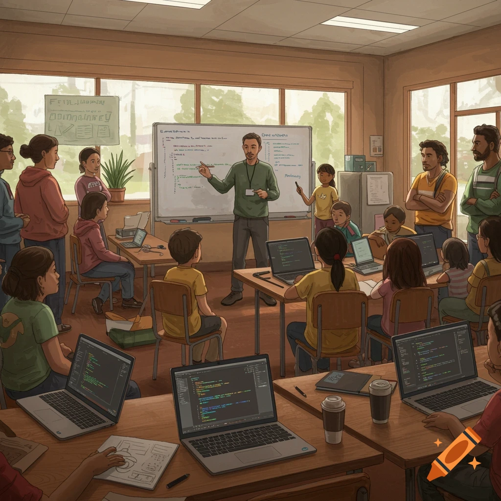 Teacher instructing computer science to children and adults in ...