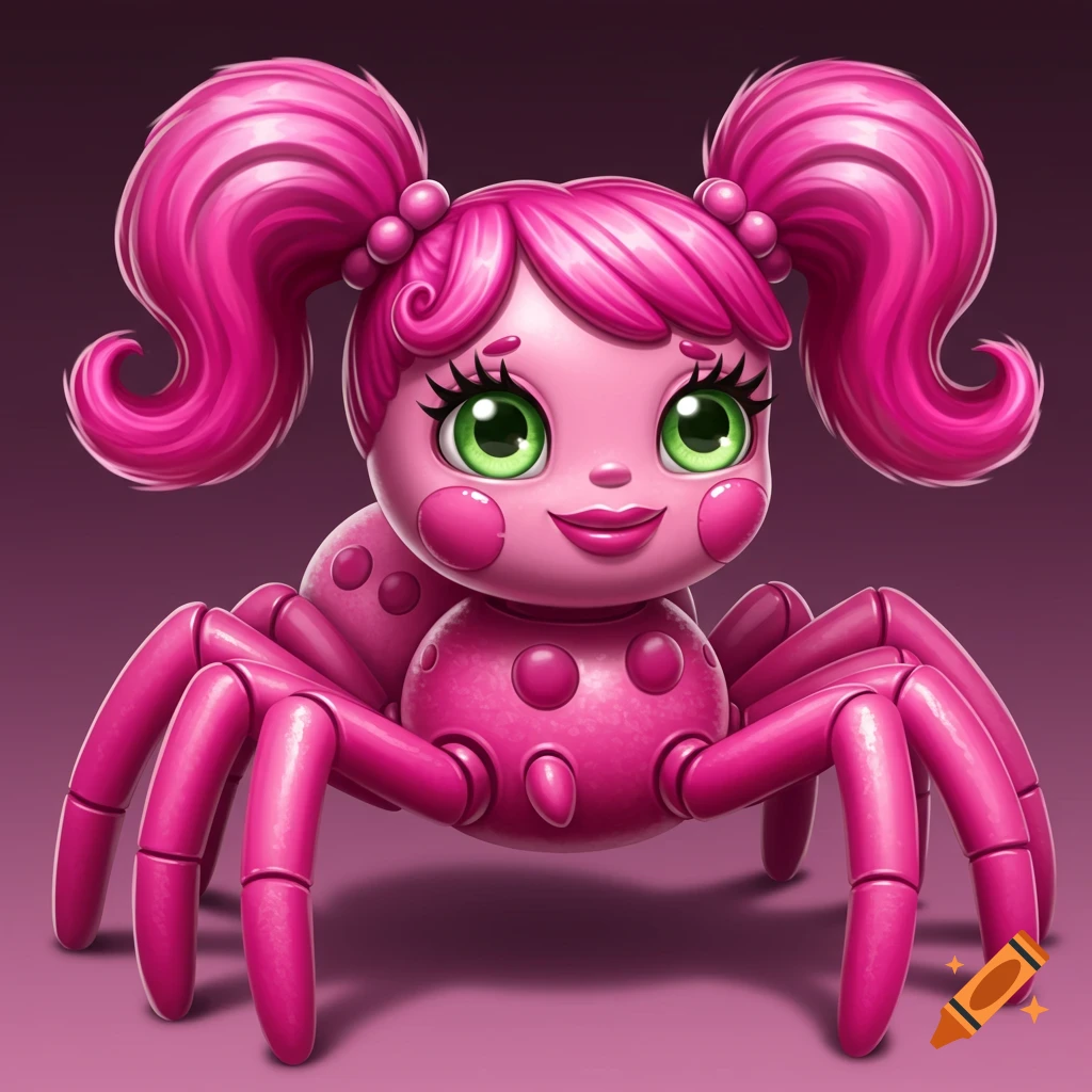 A pink spider character toy with pigtails and green eyes. on Craiyon