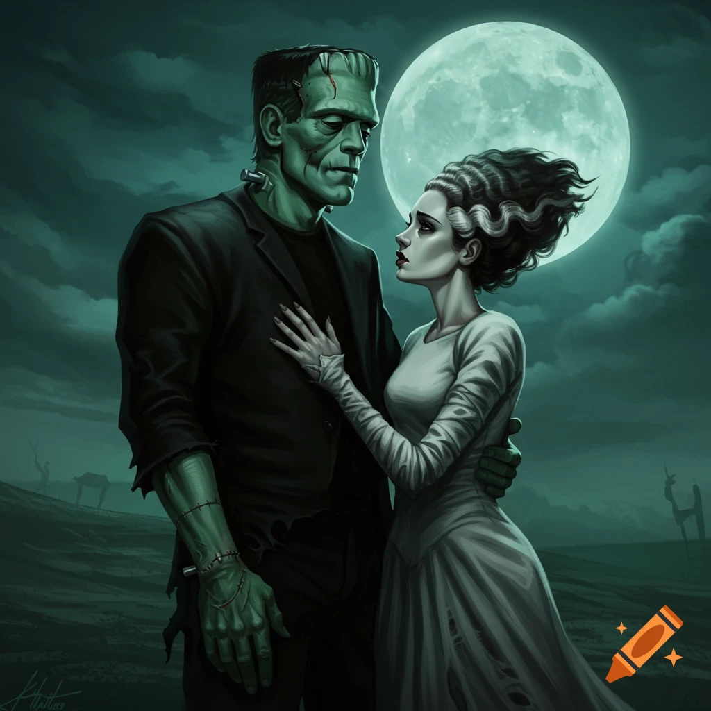 Frankenstein's monster and the Bride of Frankenstein stand together ...