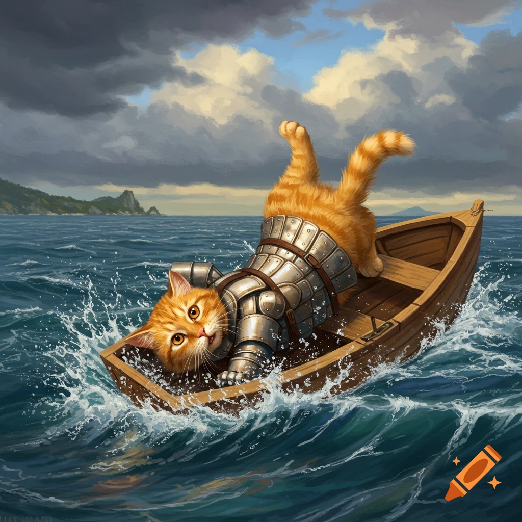 An armored cat is falling out of a boat in rough seas. on Craiyon
