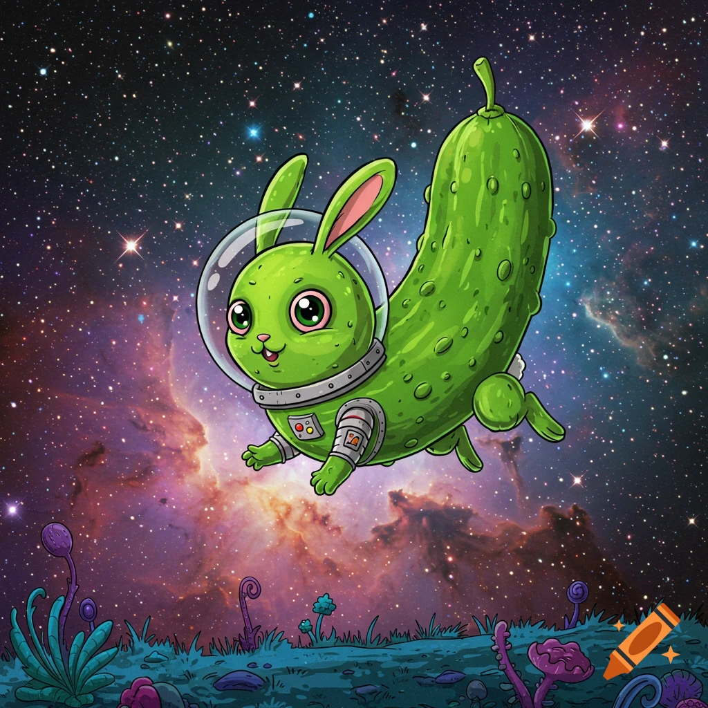 Cartoon space bunny pickle flying through a colorful nebula. on Craiyon