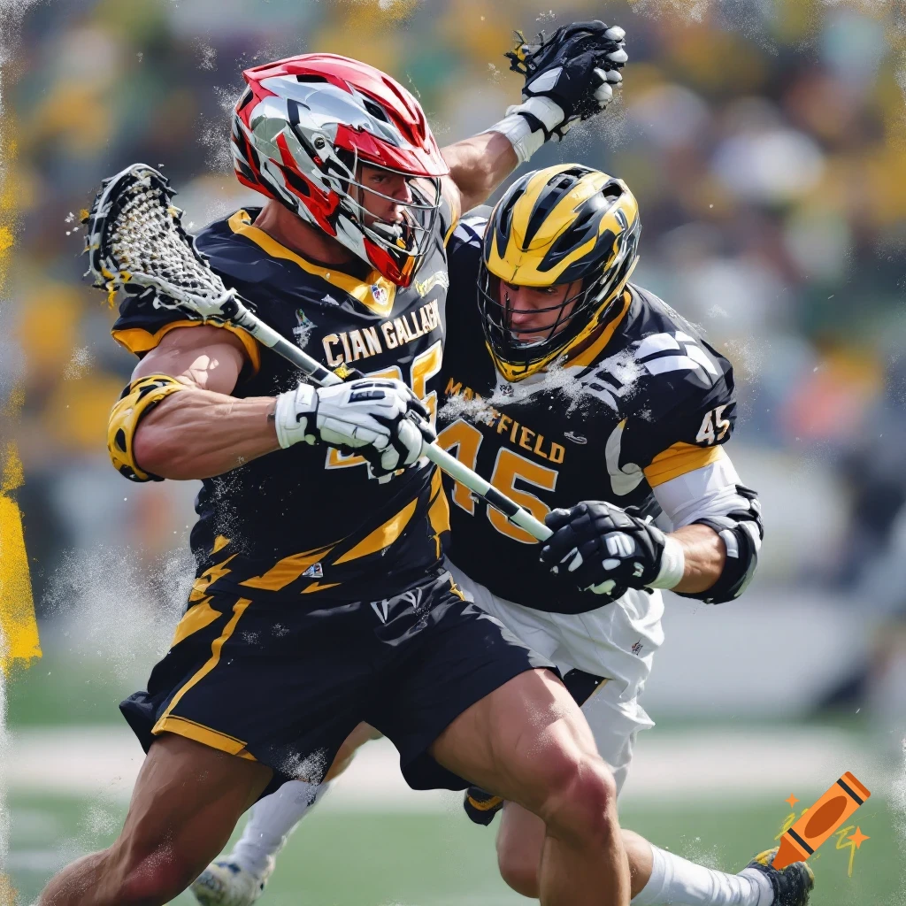 Lacrosse player Cian Gallagher scores on Becket Mayfield in overtime on Craiyon