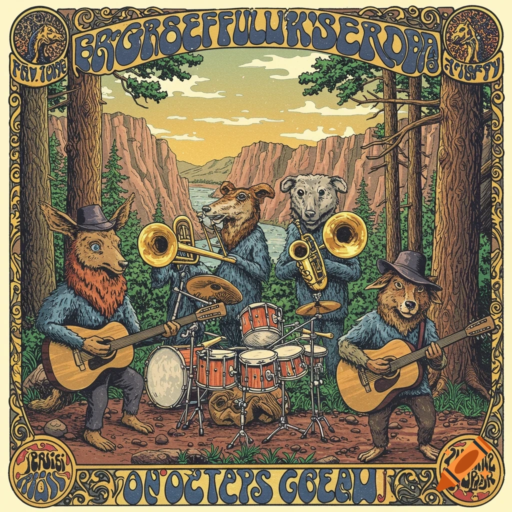 Grateful Dead-style vintage rock poster featuring woodland animals ...