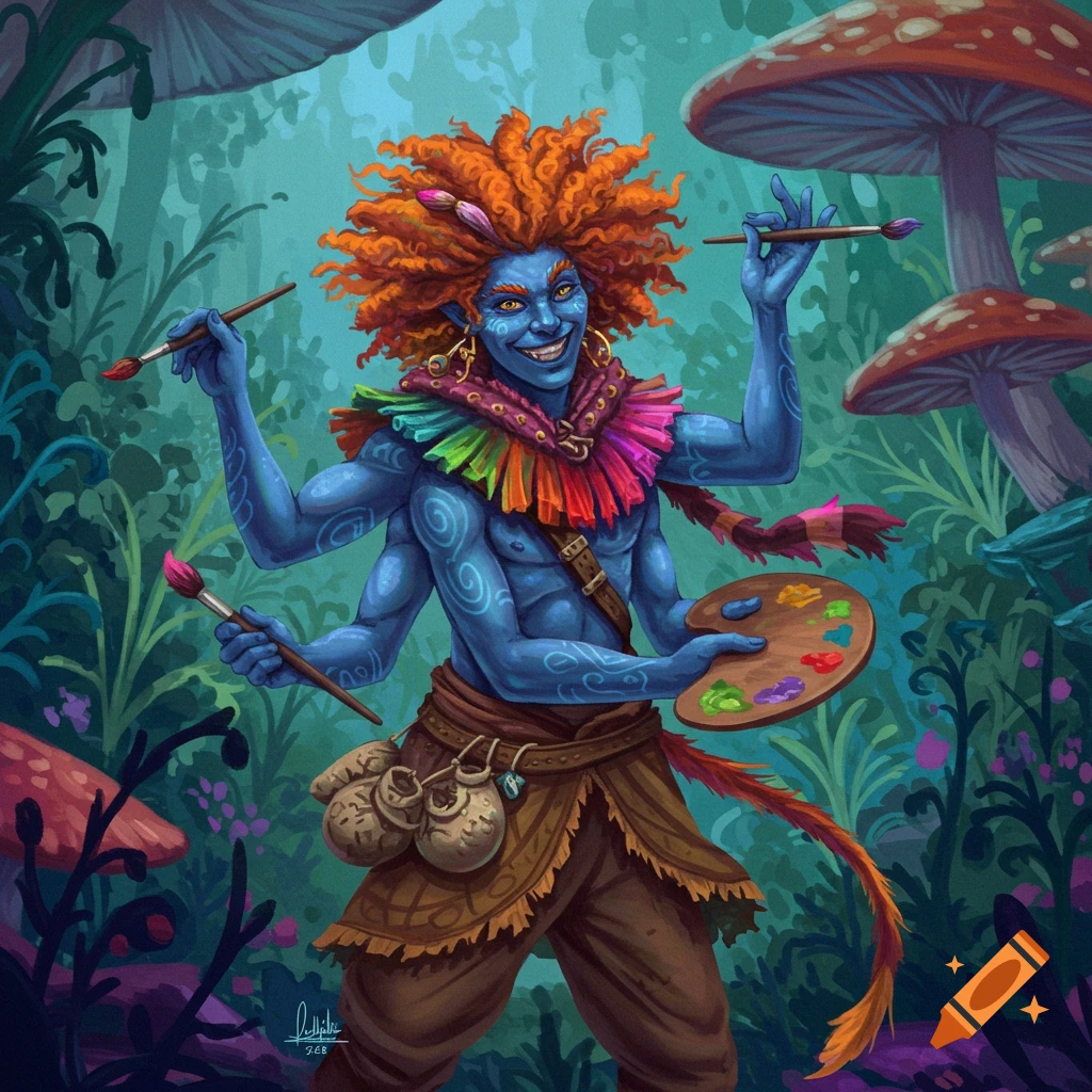 A blue, four-armed fantasy creature with orange hair paints in a forest ...