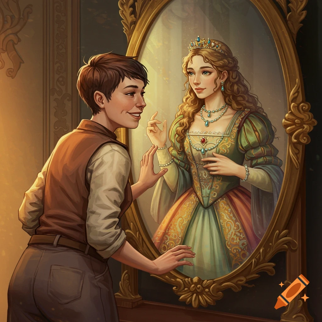 Woman seeing a princess in mirror reflection on Craiyon