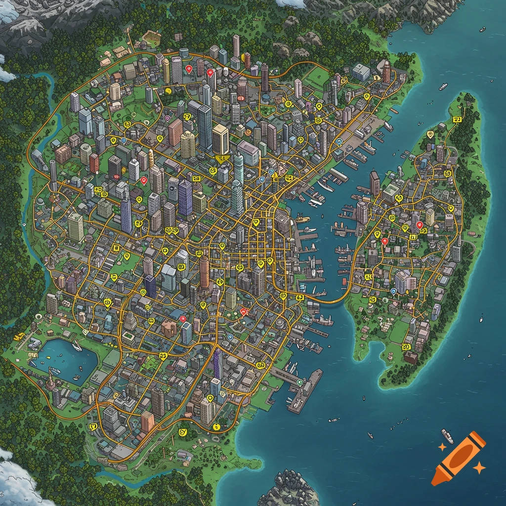 GTA-style top-down map of a fictional mega-city in Northern Ontario ...