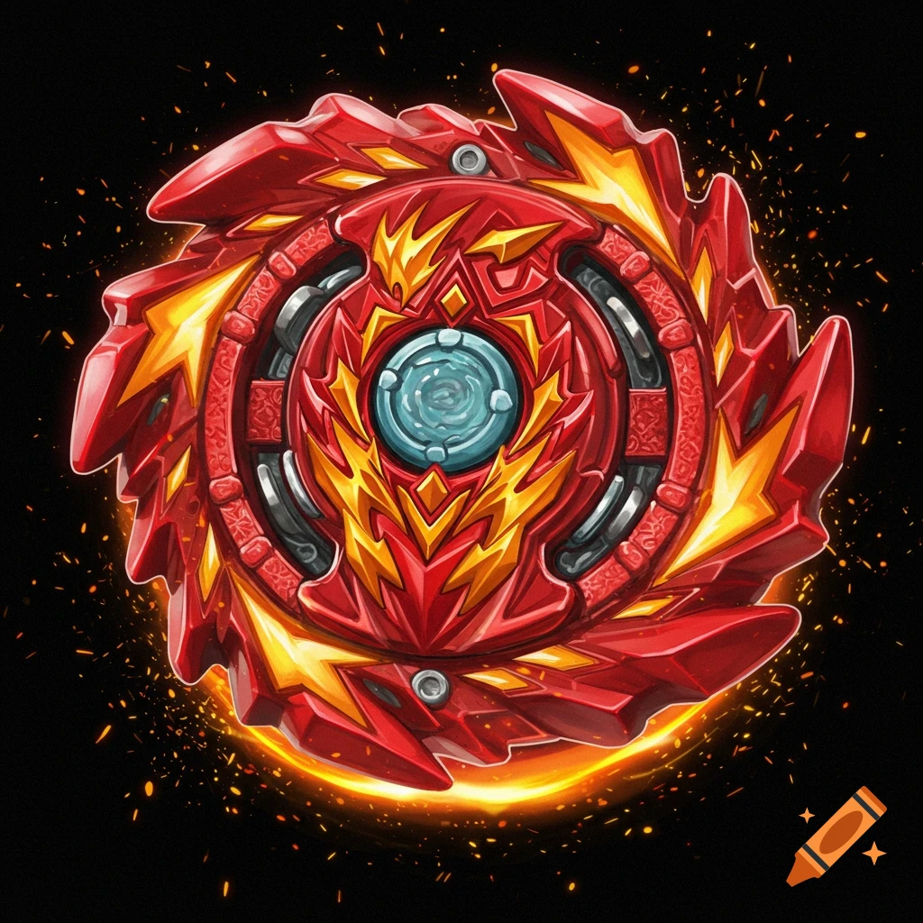 Anime illustration of a black and white Beyblade with purple and blue ...