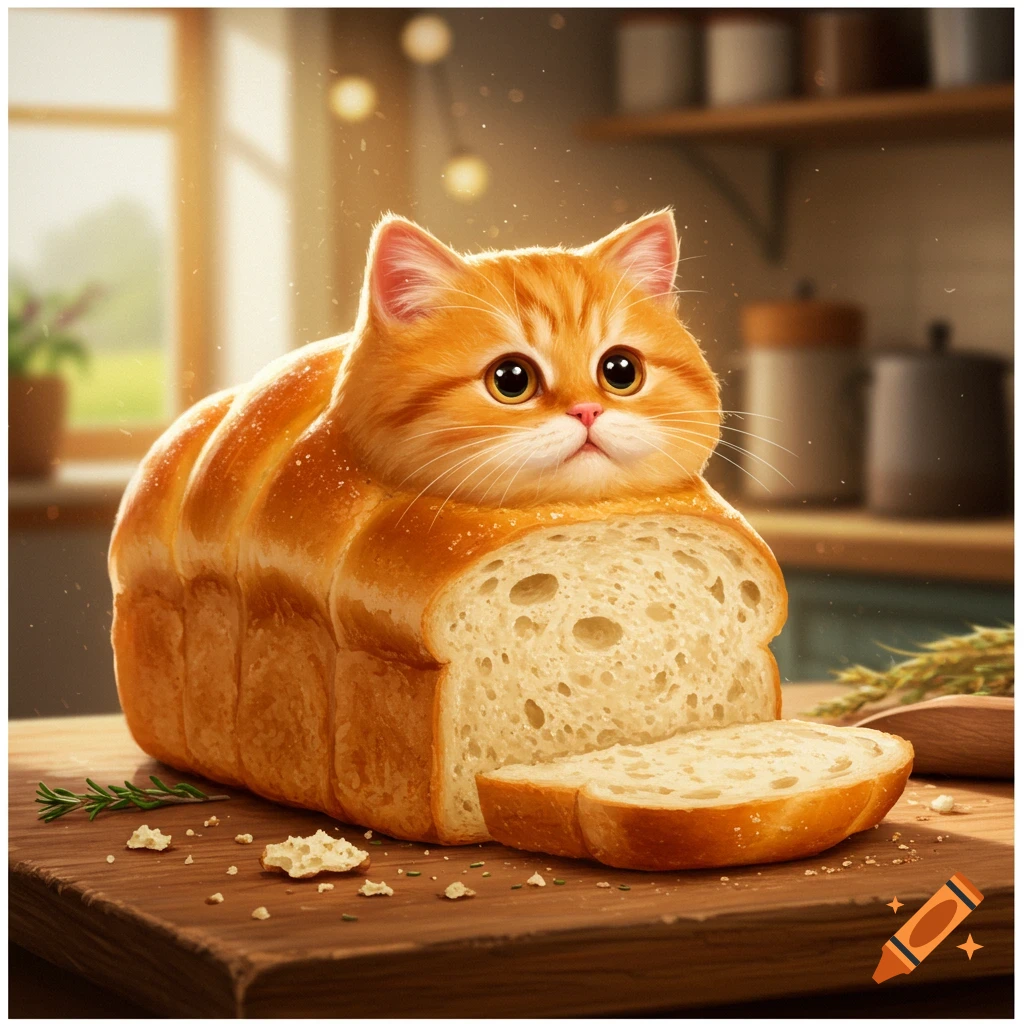 A cute orange cat sits inside a sliced loaf of bread on a wooden cutting board. on Craiyon
