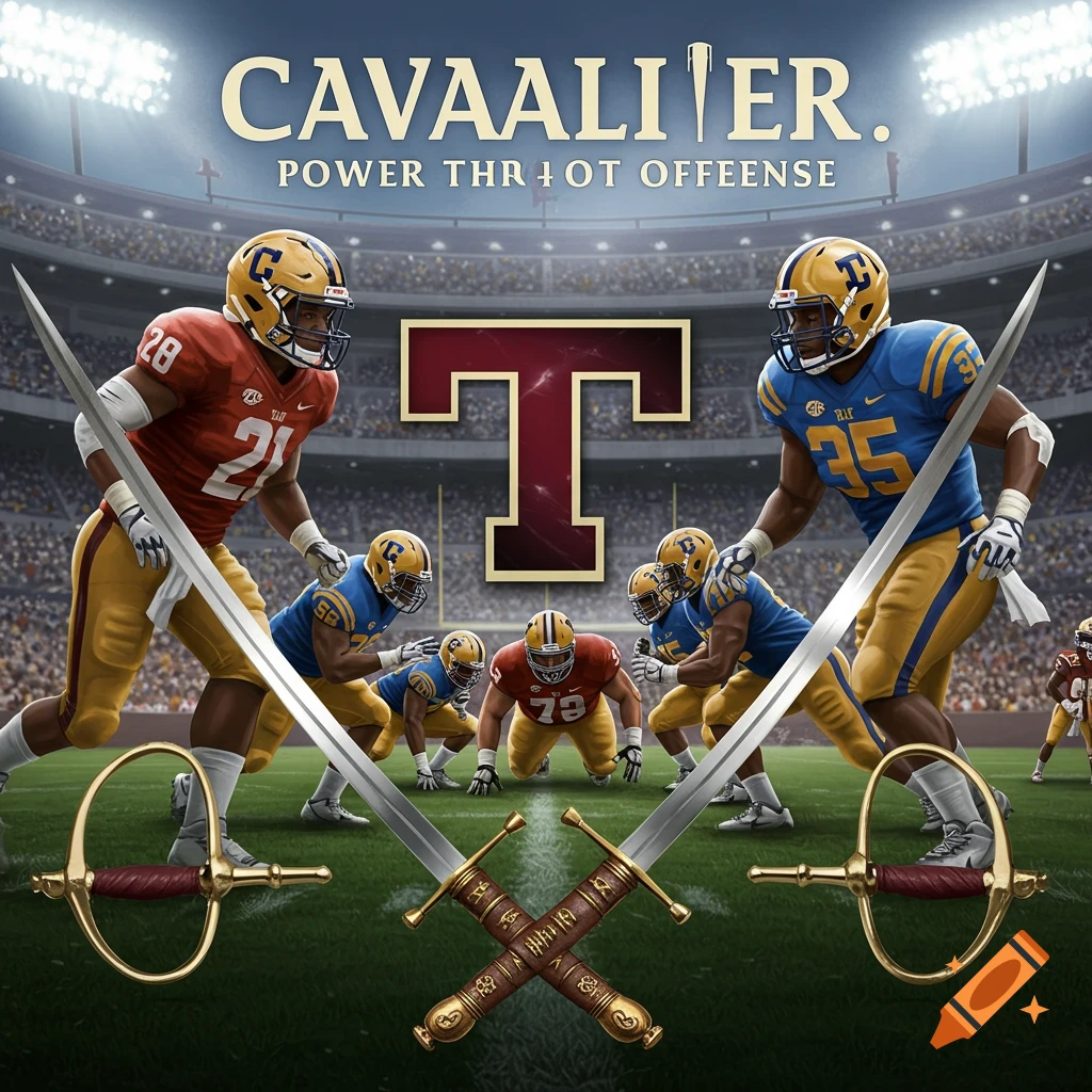 Football themed image with "Cavalier Power T Offense" and saber swords ...