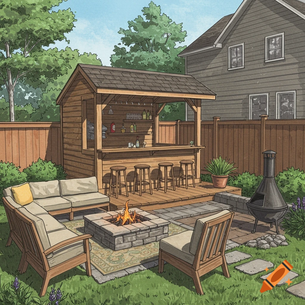 A backyard with an outdoor bar, seating area, and fire pit. on Craiyon