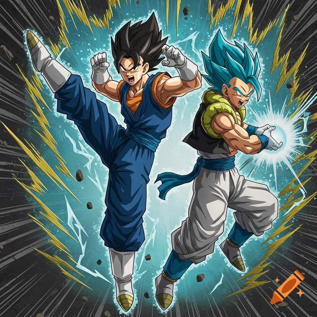 Vegito and Gogeta fighting pose, Dragonball Legends artstyle on Craiyon