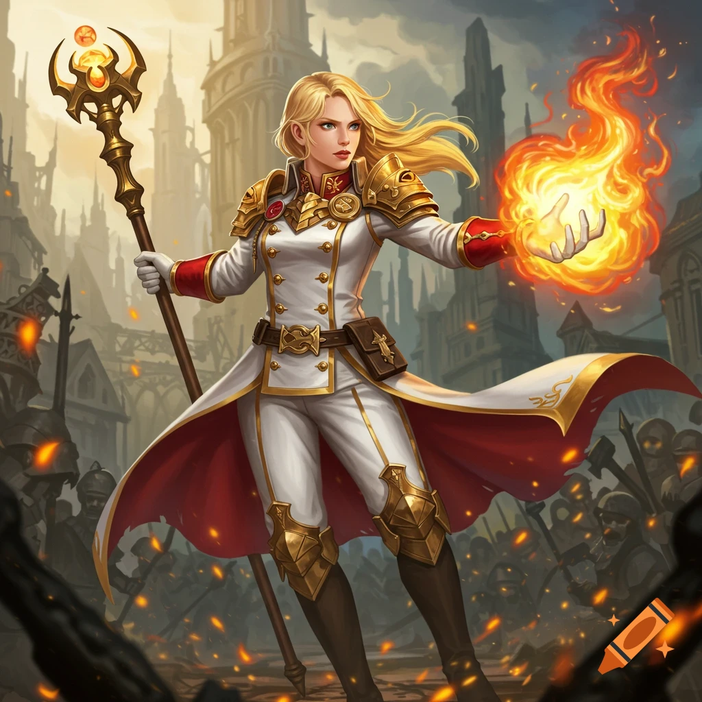 Blond fire mage in white, red, and gold fantasy military uniform on Craiyon