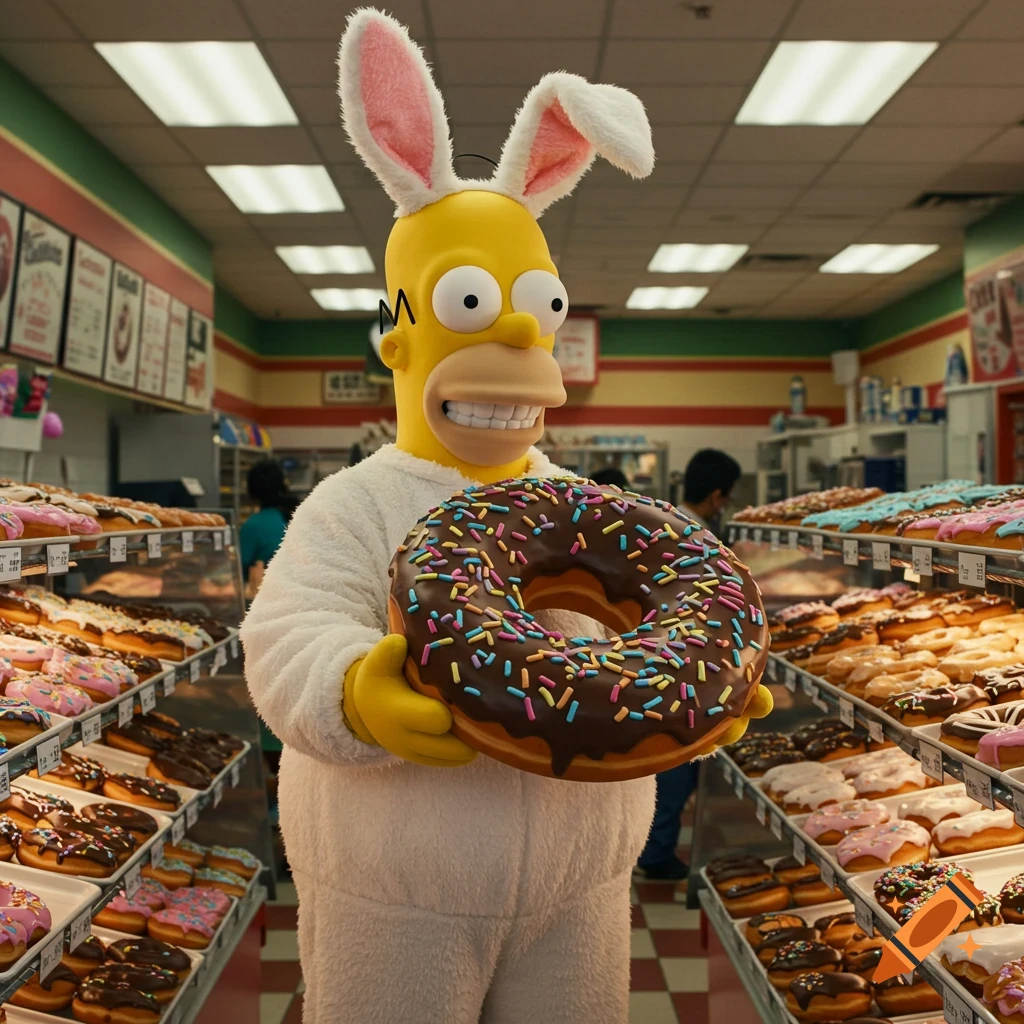 Homer Simpson in a donut shop dressed as the Easter bunny on Craiyon