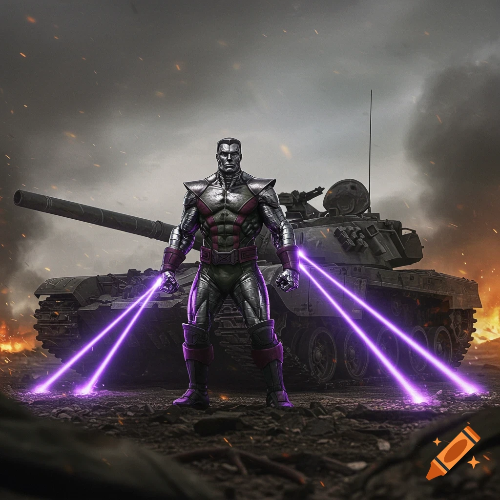 Colossus from X-Men comic fighting beside a tank with light purple ...