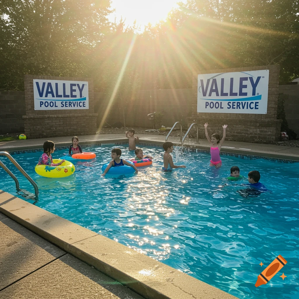 Valley Pool Service sign with swimming pool and children in swimsuits ...