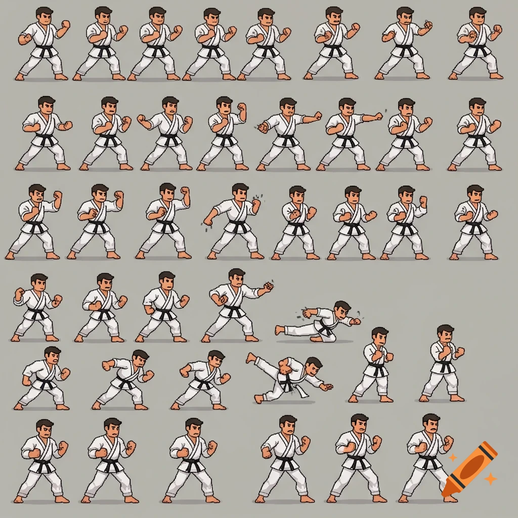 Pixel art sprite sheet featuring multiple poses of a karate master in a ...