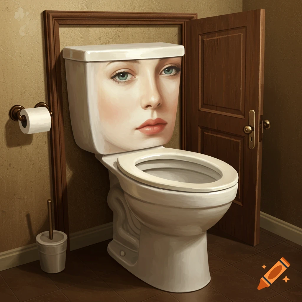 A toilet with a beautiful woman's face on the tank, next to a door in a ...
