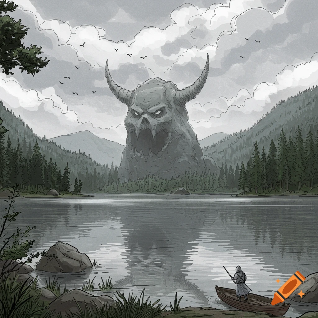 Lake with demon-shaped rock, comic book style on Craiyon