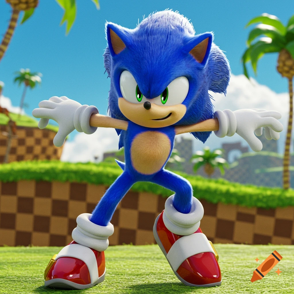 Sonic the Hedgehog running through a grassy level with palm trees and ...
