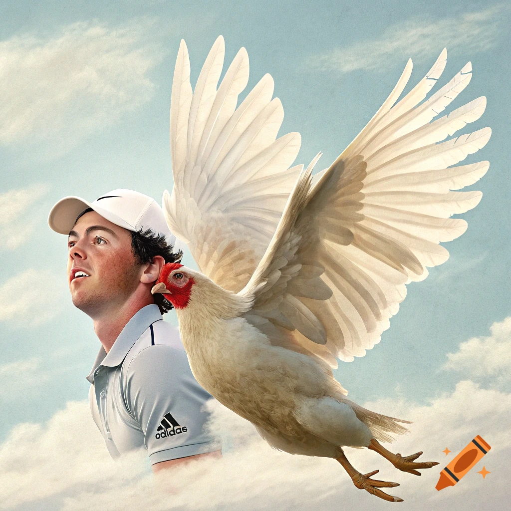 Rory McIlroy's head on a chicken's body flying through a cloudy sky. on ...