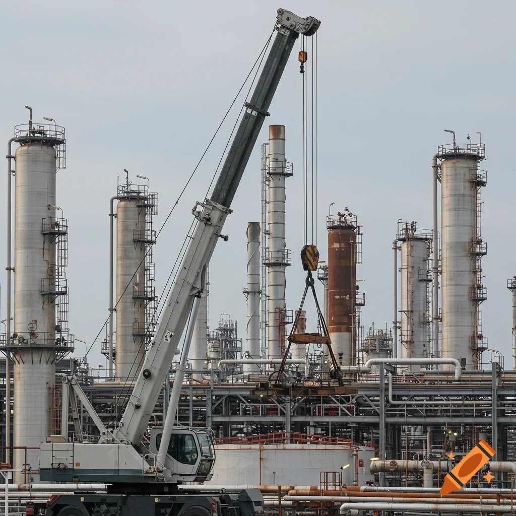 A large crane lifts equipment in front of an oil refinery. on Craiyon