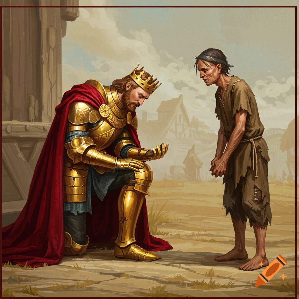 A king bows down to a peasant in rags on Craiyon