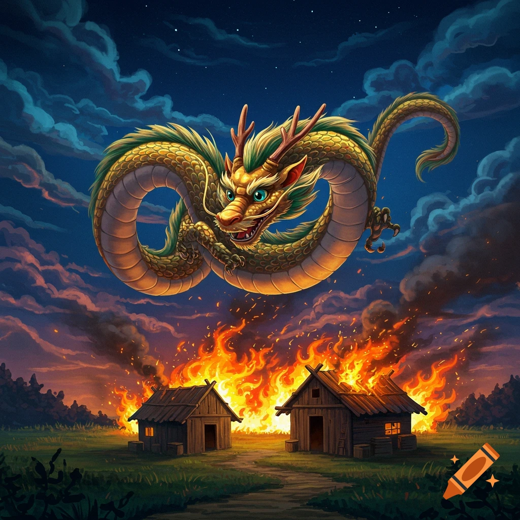 A golden serpentine dragon flying over a burning village at night. on ...