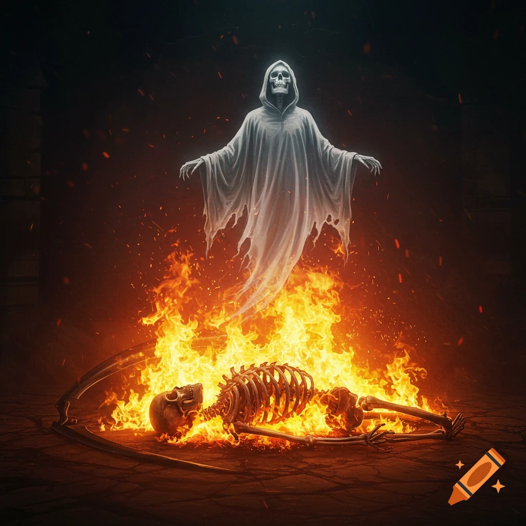 Grim reaper's ghost leaving body surrounded by flames on Craiyon
