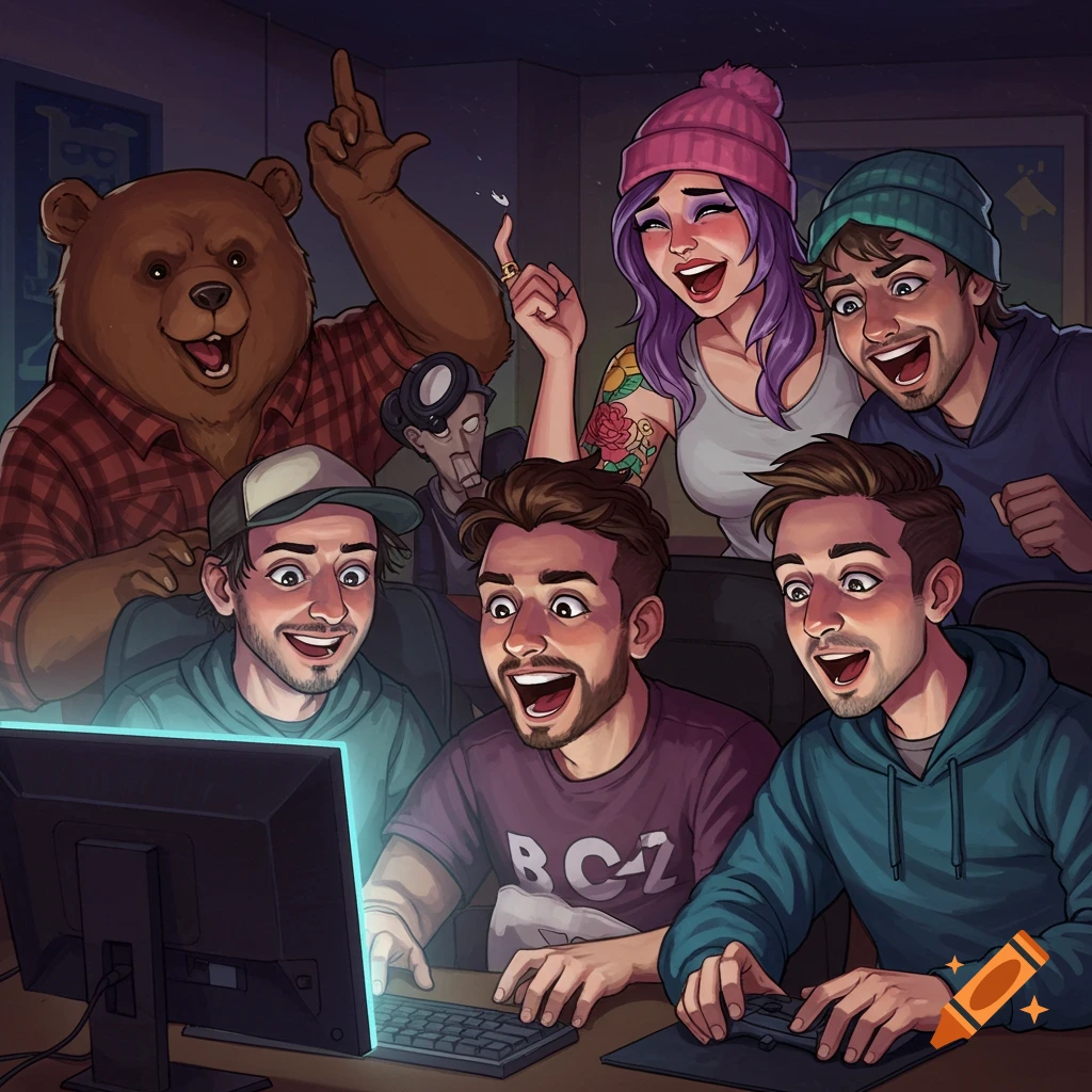 Illustration of a diverse group of enthusiastic gamers making ...