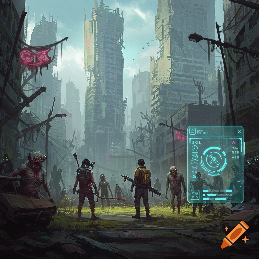 Post-apocalyptic city with mutants and a person with a status window on ...