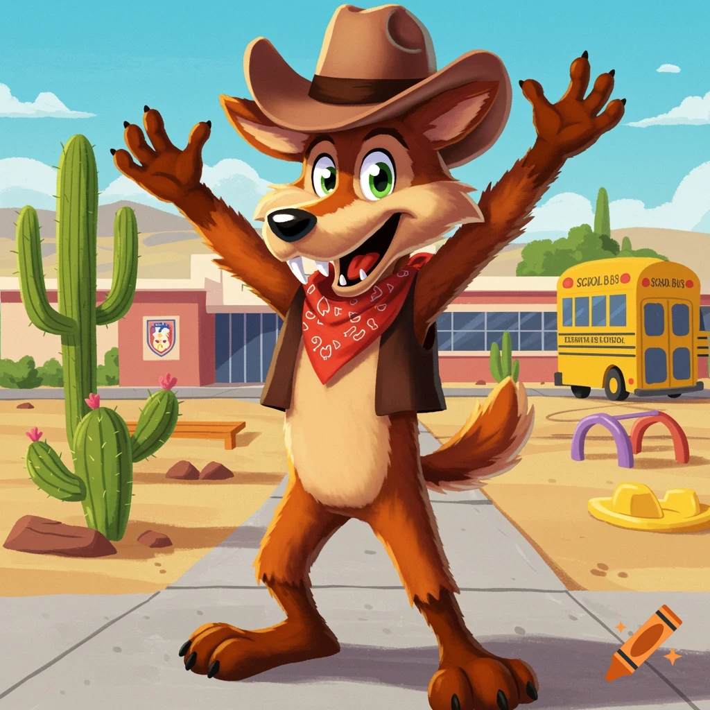 Cartoon purple monster in a cowboy hat standing in a desert. on Craiyon