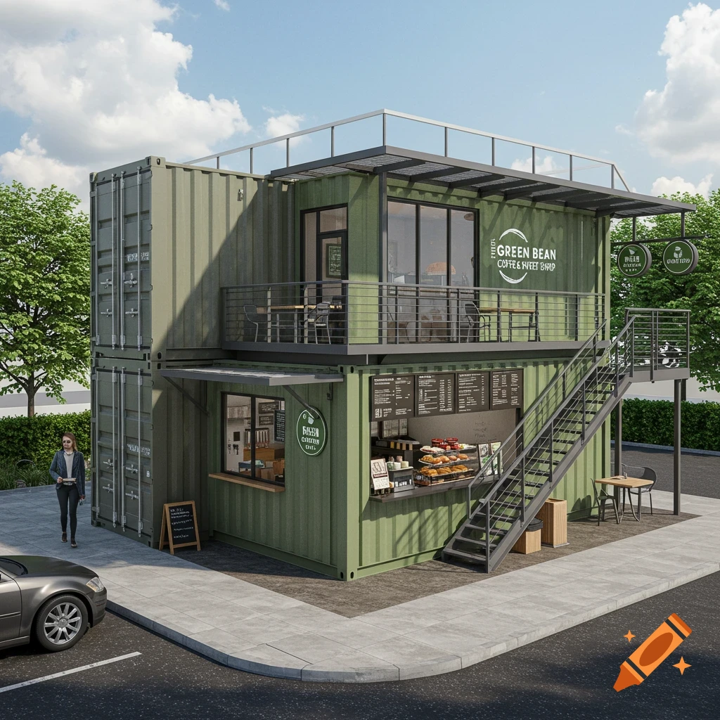 Digital rendering of a two-story coffee shop made from shipping ...