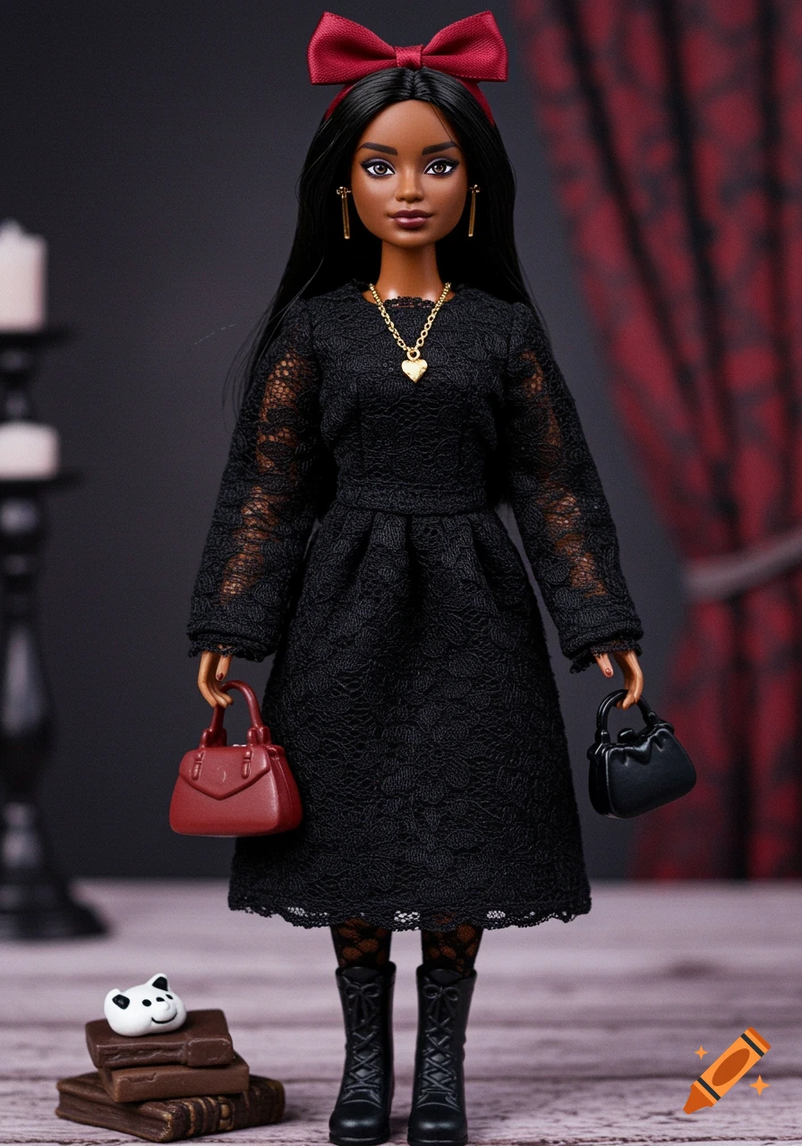 Barbie-style action figure of a woman with a cozy gothic aesthetic on ...