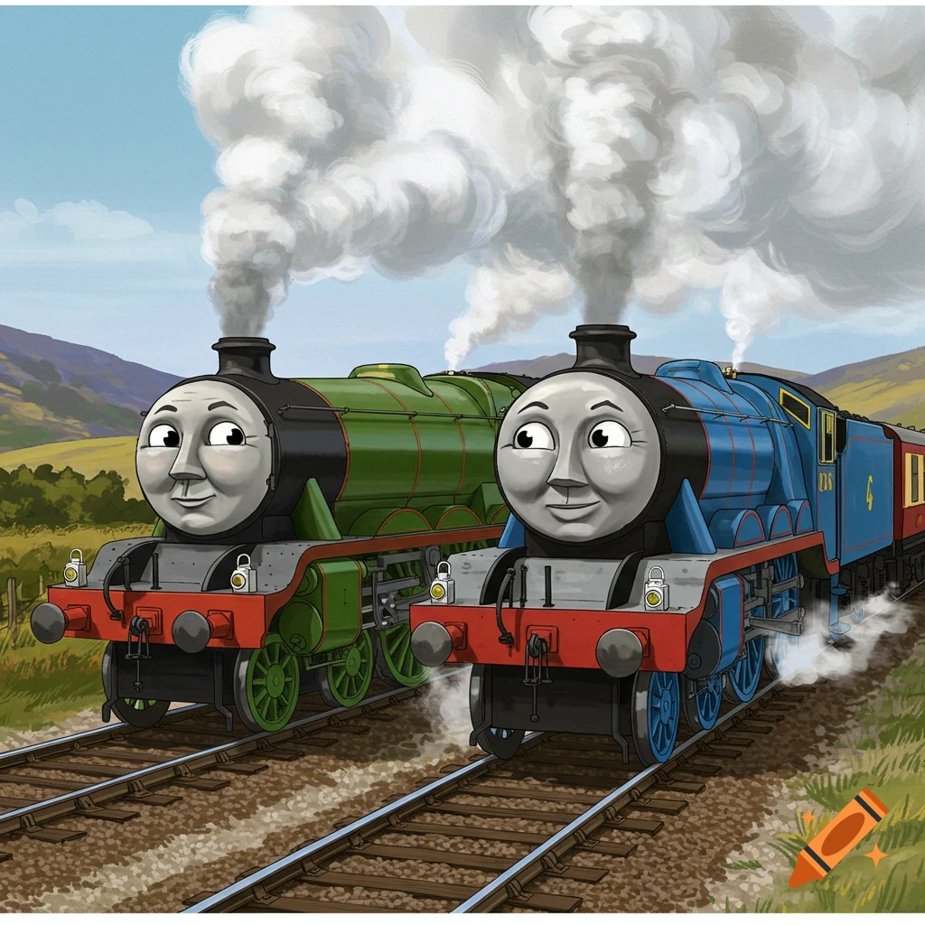 Two anthropomorphic blue and green steam trains on tracks in a field ...