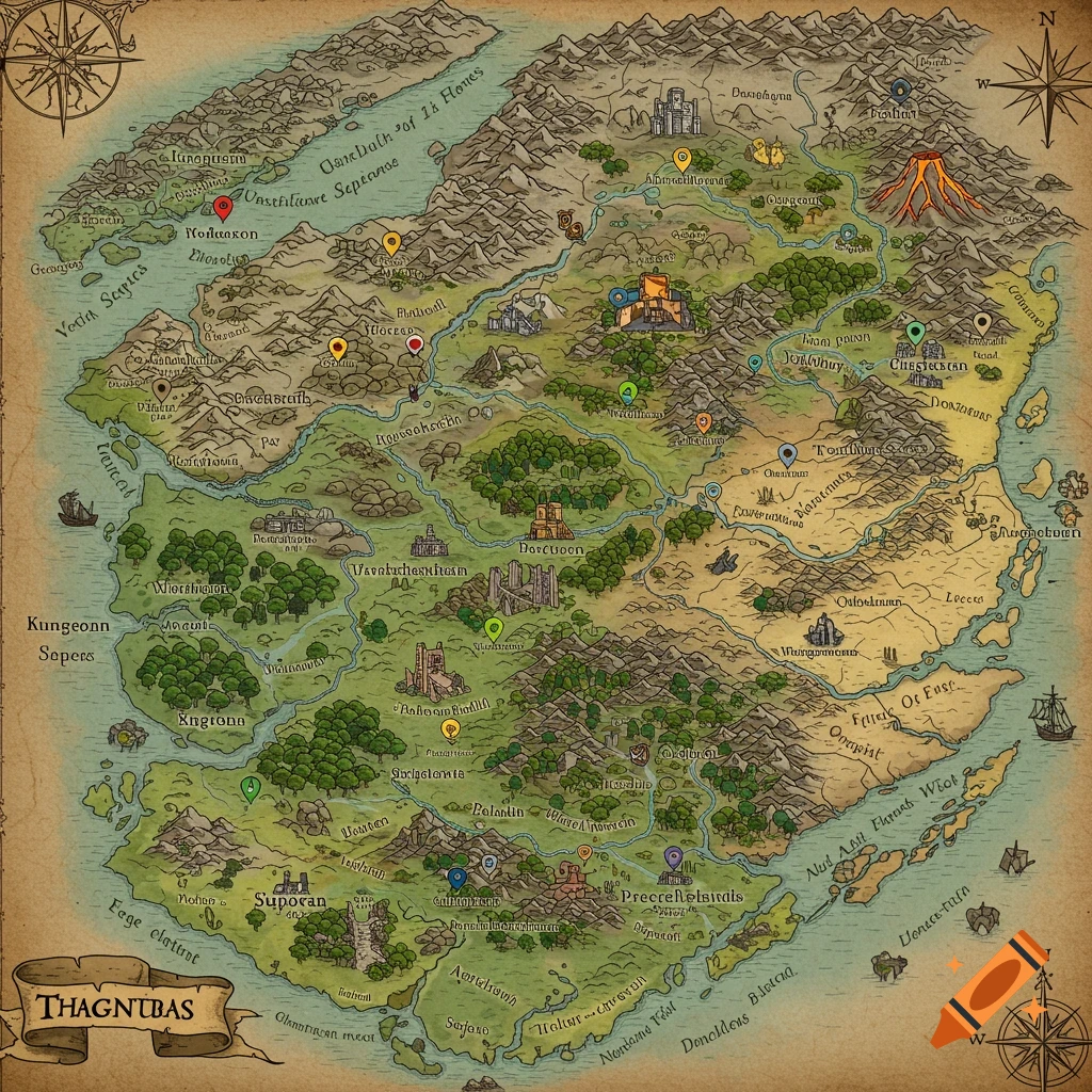 A drawn fantasy world map with mountains, forests, rivers, settlements, and labeled locations ...