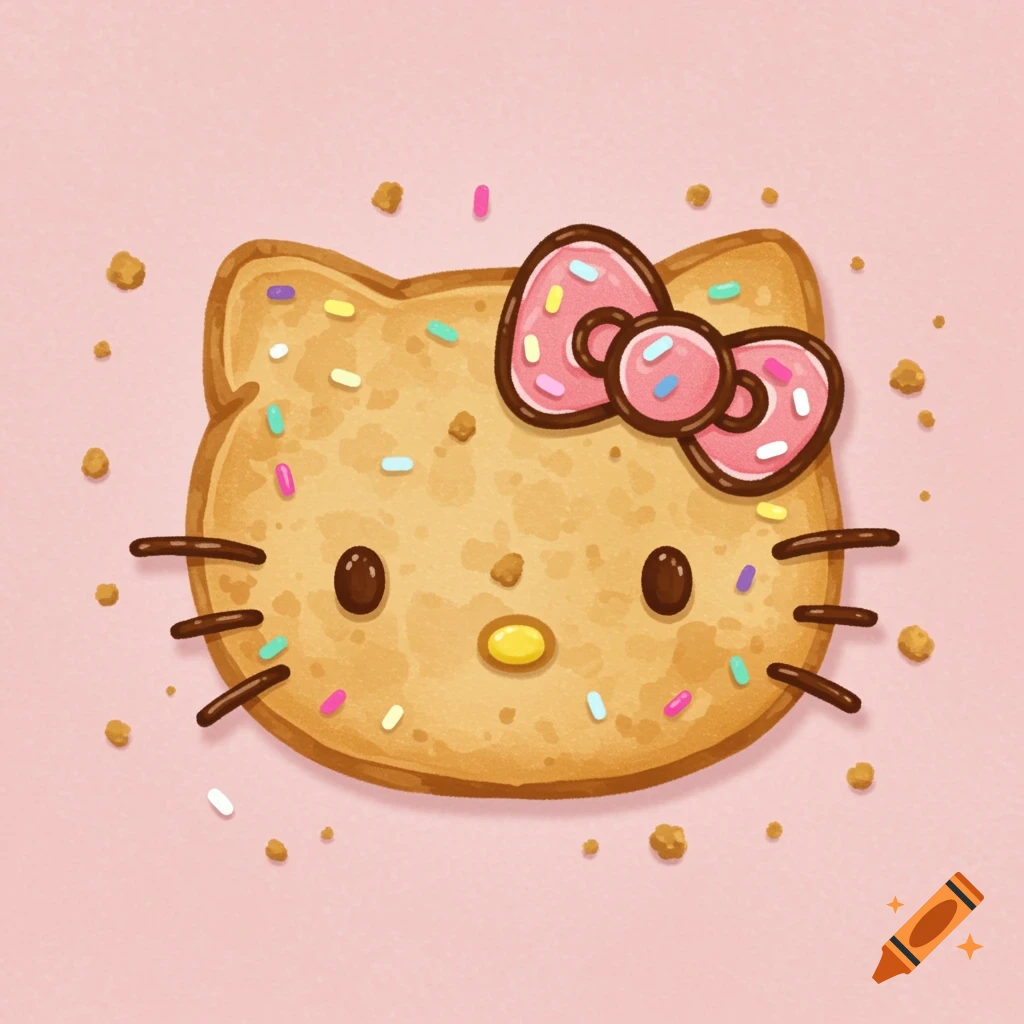A Hello Kitty face shaped cookie with pink icing bow, sprinkles, and ...