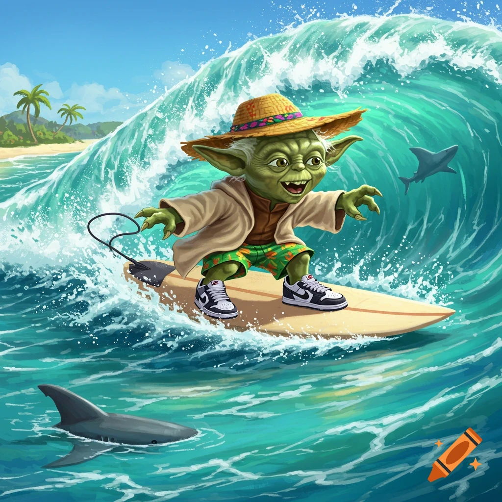 Yoda surfing with a Jamaican hat, running from sharks on Craiyon