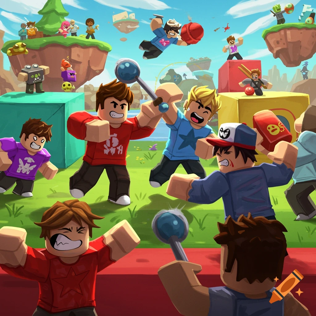 Roblox characters in a colorful blocky world with the Roblox logo. on ...