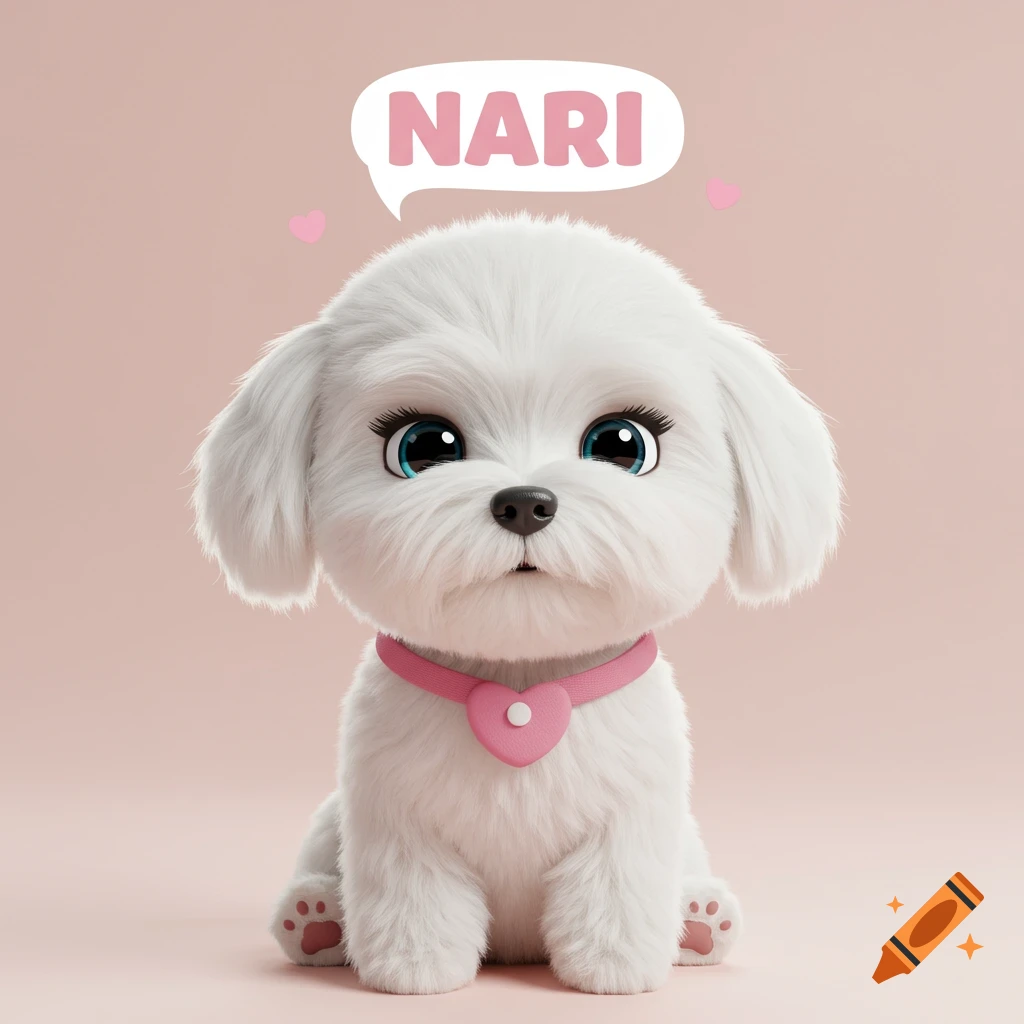 A cute 3D cartoon fluffy white dog with big blue eyes and a pink heart ...