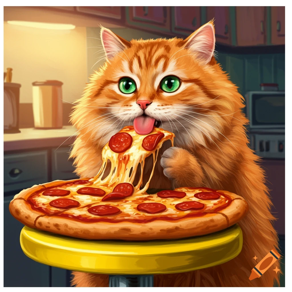 Fluffy ginger cat eating pepperoni pizza in a kitchen. on Craiyon