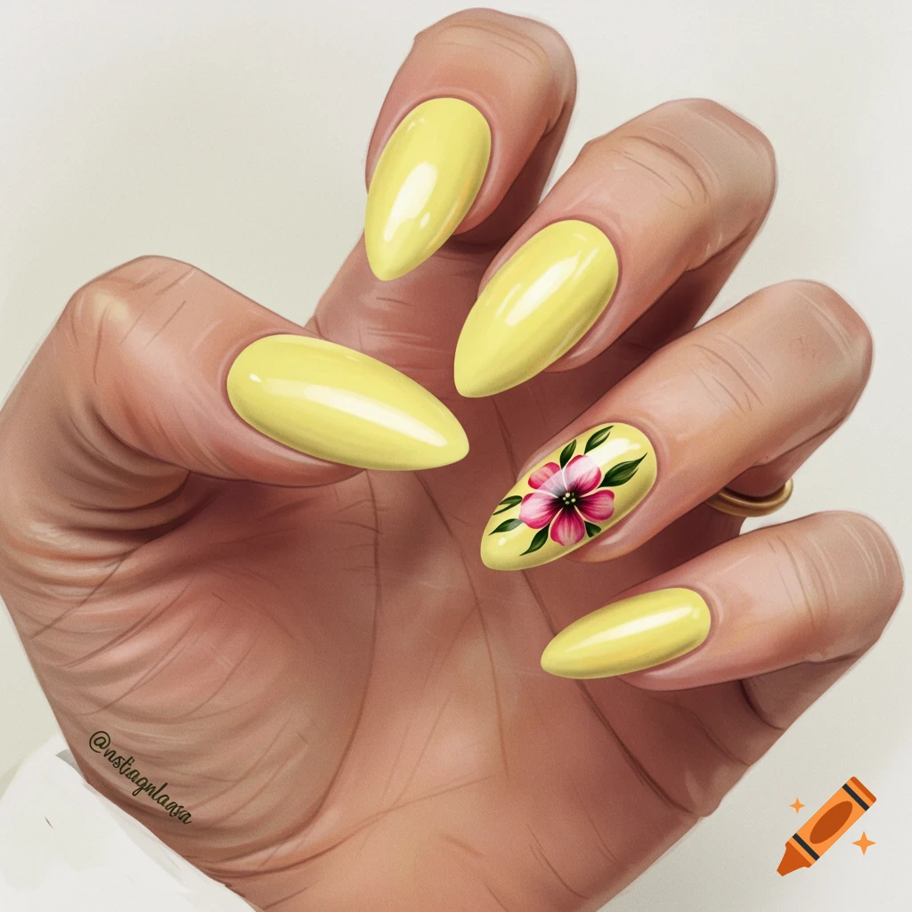 Light yellow almond acrylic nails with flower on ring finger on Craiyon