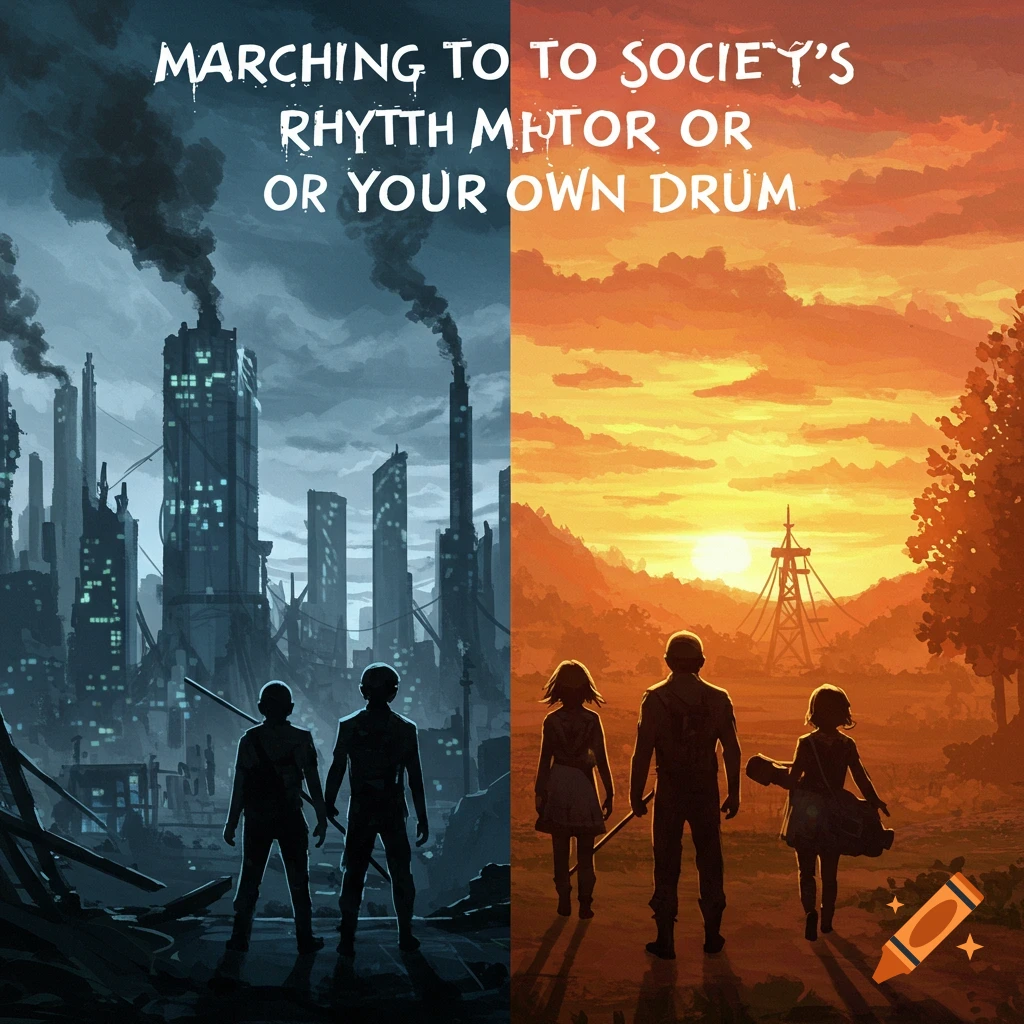 Artistic depiction of a split scene: dystopian urban landscape vs warm ...