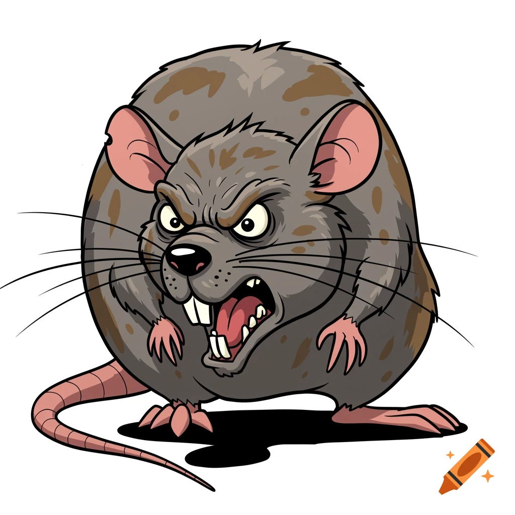 Stylized illustration of an aggressive black rat baring fangs and claws with red eyes, on a ...
