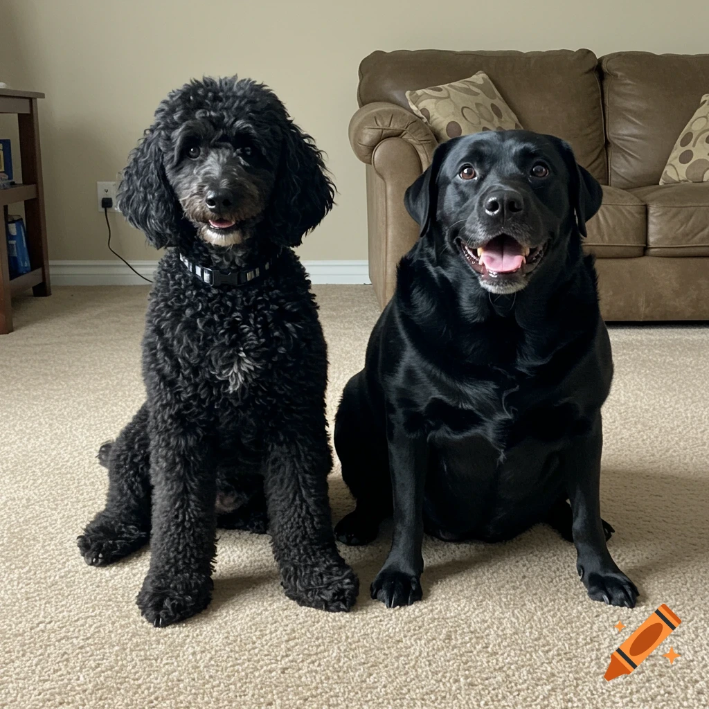 A black standard poodle and a black labrador sit side-by-side on a ...