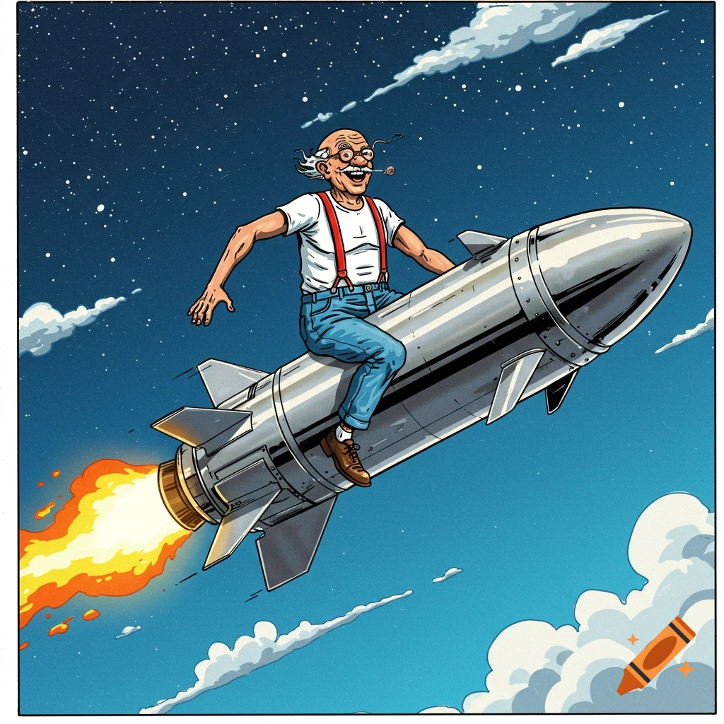 Old man riding a ballistic missile on Craiyon