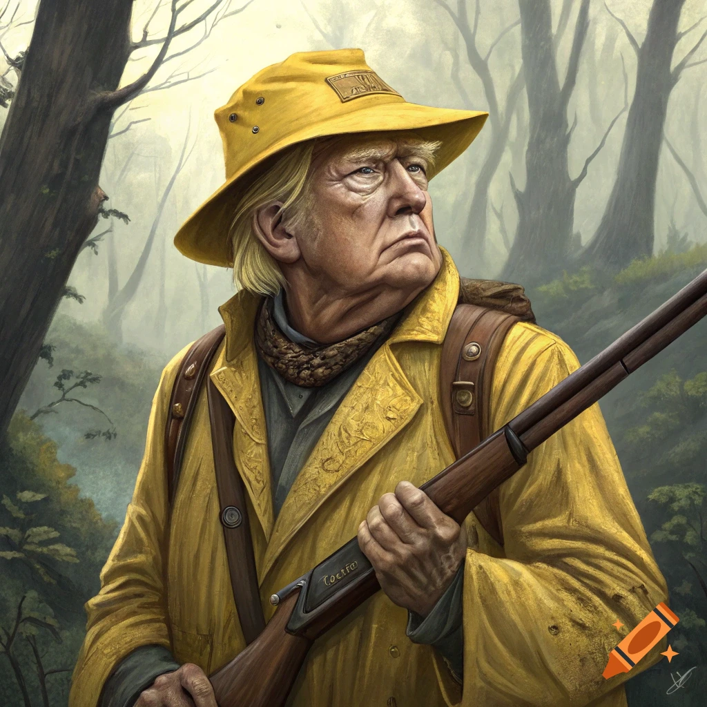 A figure resembling Donald Trump in a yellow hat and coat, holding a ...