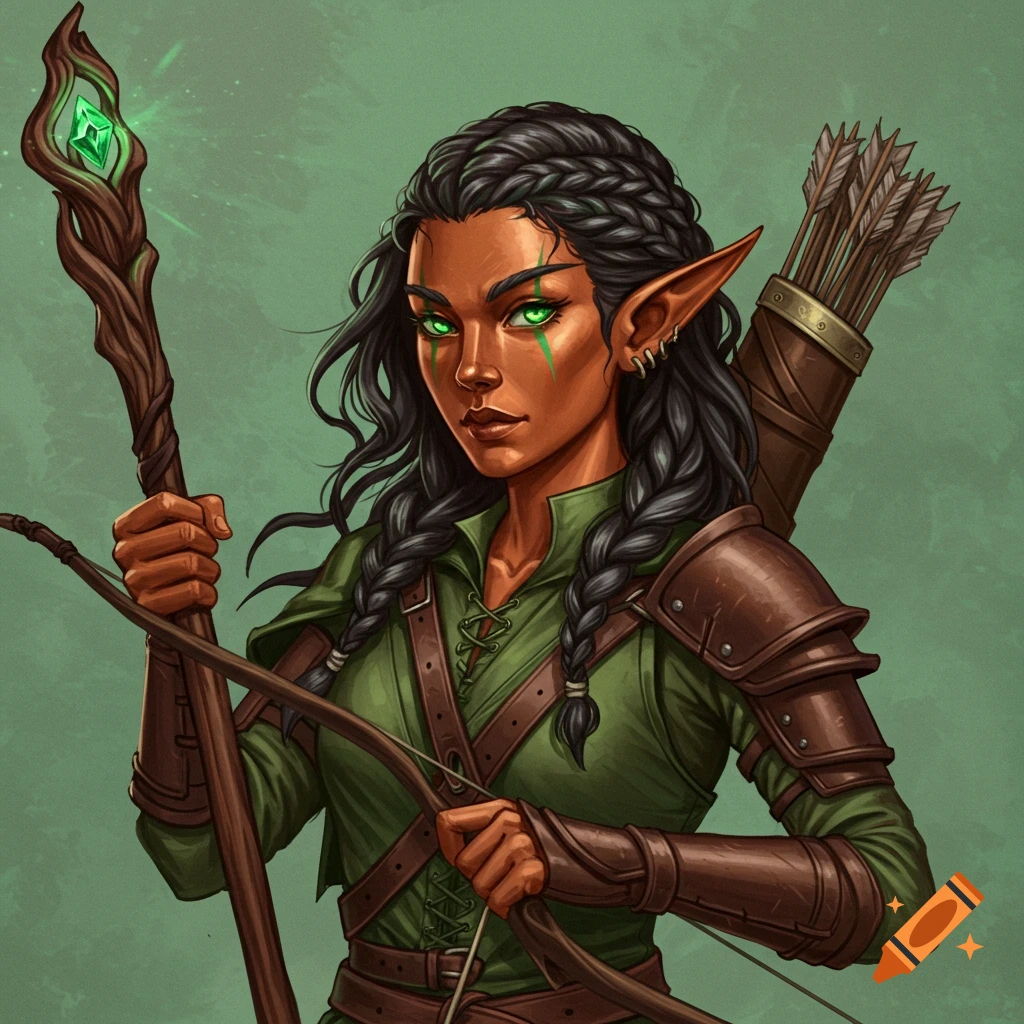Half elf female with copper skin, green eyes, long black hair, holding ...