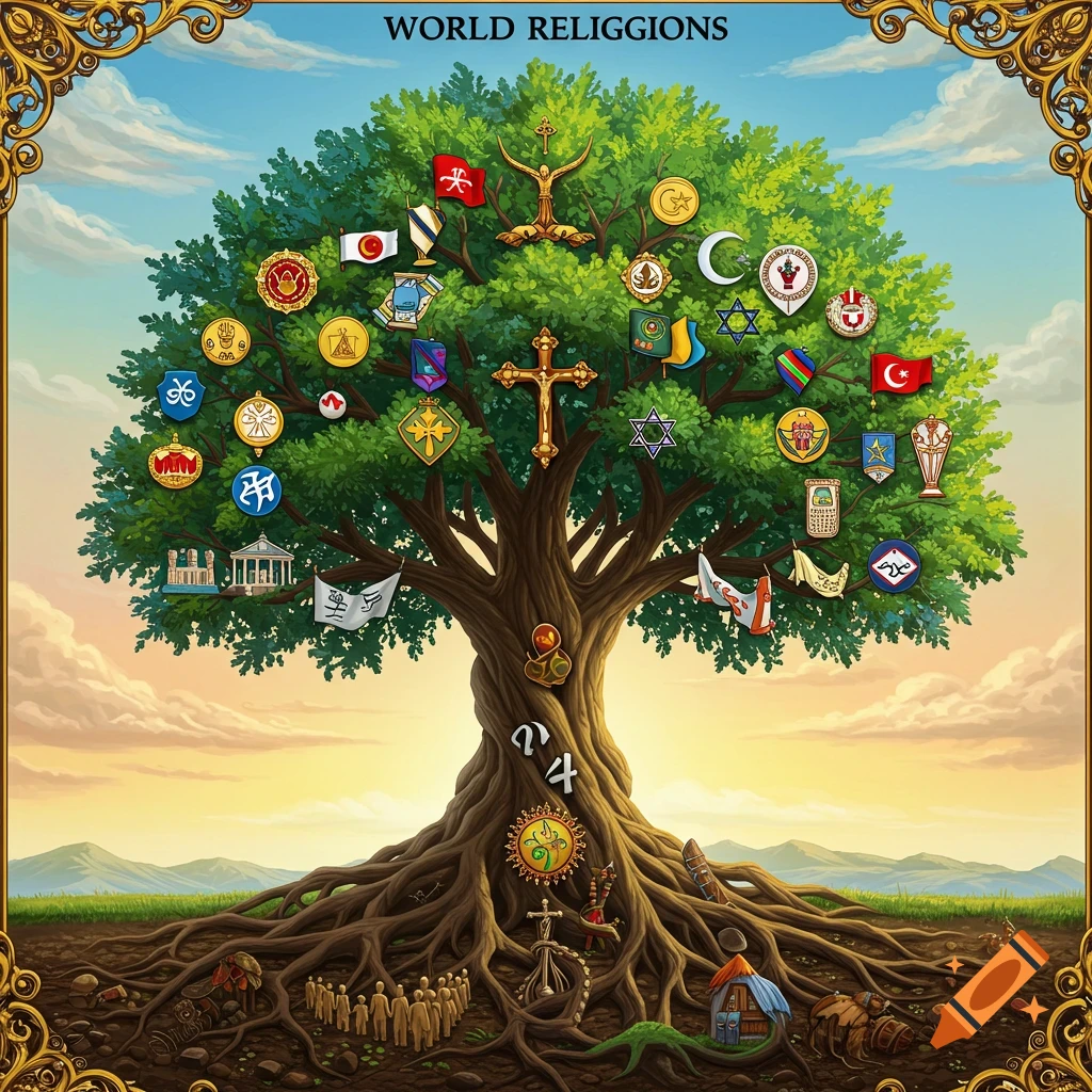 A tree adorned with symbols and flags representing various world ...