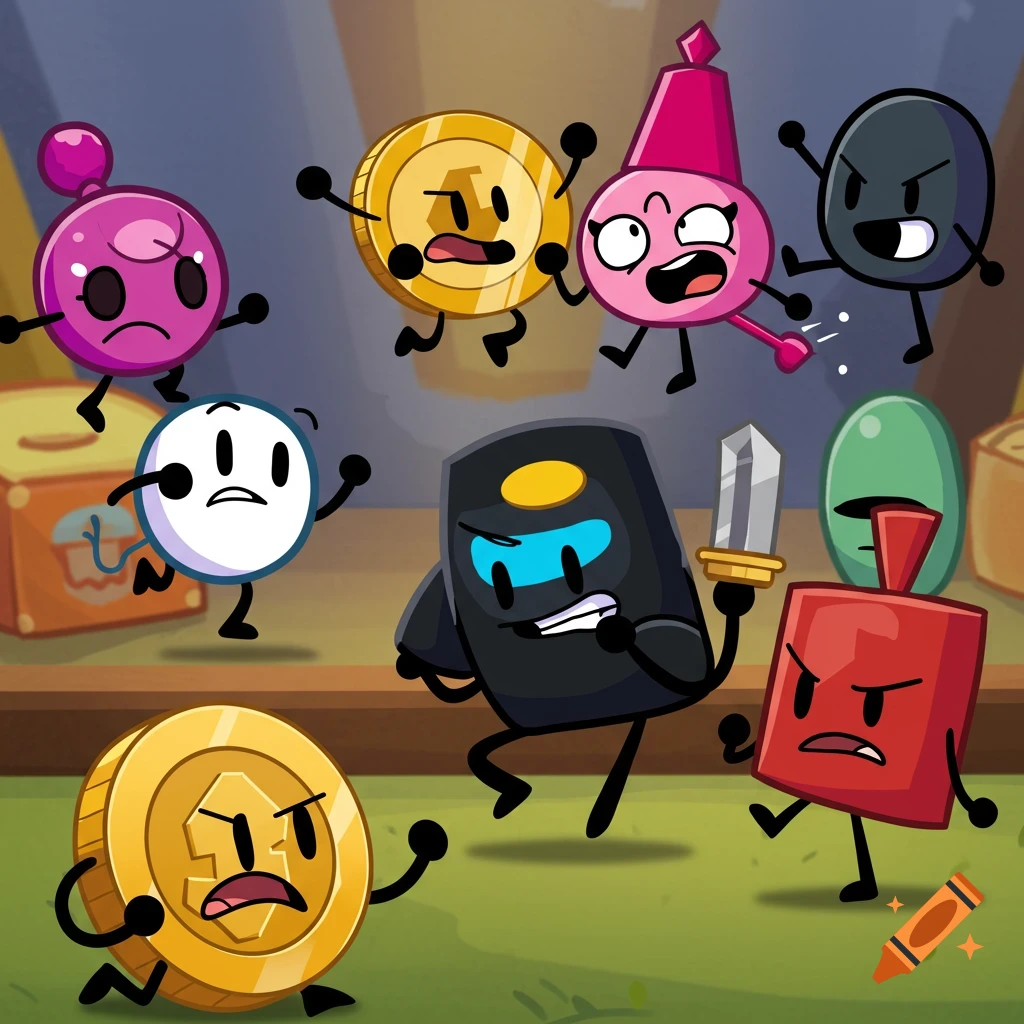 Cartoon objects with faces and limbs fight. Characters include coins, a ...